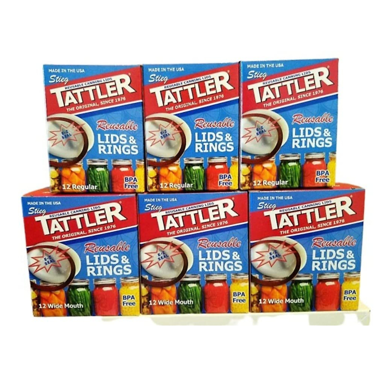 Authentic Tattler E-Z Seal Reusable Canning Lids Combo Pack 3 Dozen Regular + 3 Dozen Wide Lids & Rings Boxed - MADE IN THE USA!