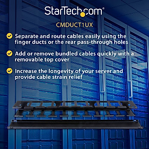 StarTech.com Horizontal 1U Server Rack Cable Management Finger Duct w/ Cover - 19" Network Rack Wire Duct Raceway Panel - Slotted Wire Duct (CMDUCT1UX)