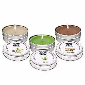 Axiom Pack of 3 Light Scented Tin Candles 12 Hours Long Lasting Combo Apple, Cinnamon, Vanilla Smokeless Stress Relief & Aromatherapy Natural Candle Gift for Mothers Day & Valentine's Day
