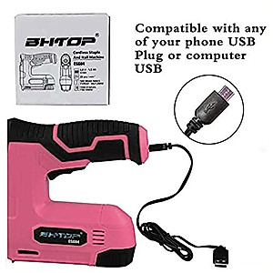BHTOP Pink Cordless Brad Nailer 4V Staple Gun Kit, Electric Brad Nail Gun with Rechargeable USB Charger, Powerful Stapler for Leather, Cardboard, Foils (1500pcs Staples and 1500pcs Brad Nails)