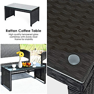 Tangkula Patio Wicker Conversation Furniture Set, Patiojoy Sofa & Table Set w/4 Seats, Outdoor Rattan Sofa Set for Balcony Backyard, Wicker Chair Set with Tempered Glass Coffee Table (1, White)