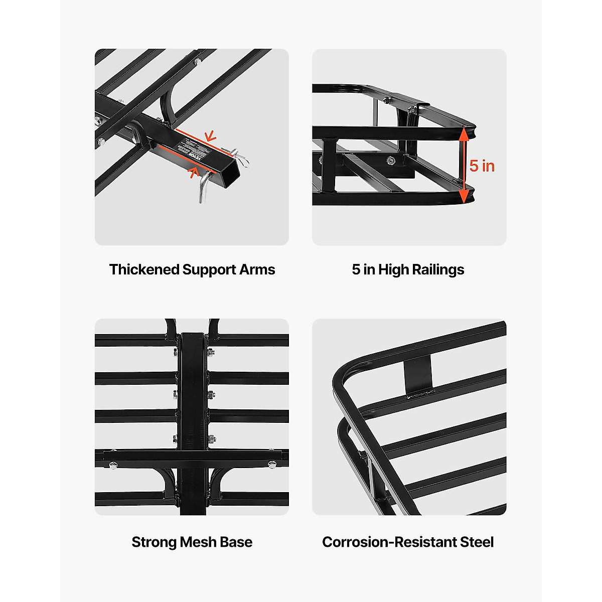 VEVOR 53 x 19 5 in Hitch Cargo Carrier, 500lb Capacity Trailer Mount Basket, Steel Luggage Carrier Rack Fits 2'' Receiver for SUV Truck Pickup with Net, Stabilizer, Straps, Black