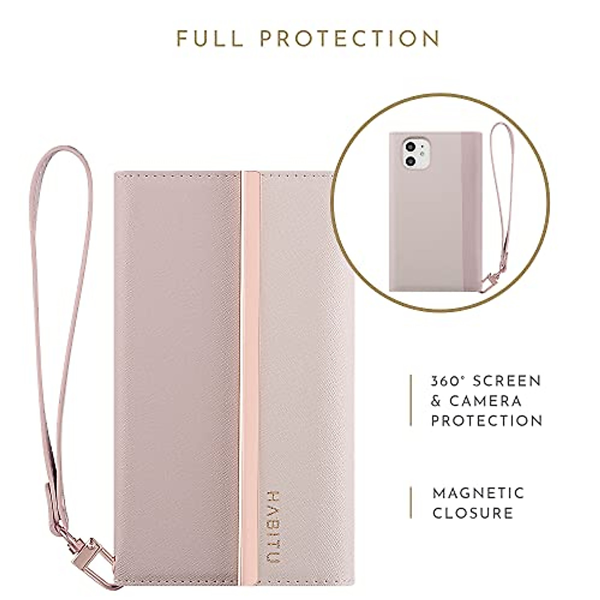 HABITU [Folio Collection 2022 Eris Tri-Fold Pink Wallet Case for iPhone XR/11, Detachable Vegan Leather Magnetic Folio with Card Pockets, Mirror & Strap for Women, for Women