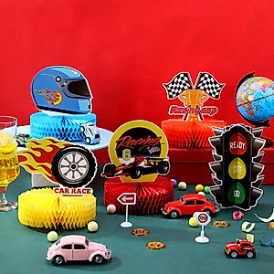 Zonon 9 Piece Race Car Party Decorations Race Car Honeycomb Centerpiece Let's Go Racing Theme Party Cake Ball Table Topper 3D Race Car Paper Centerpiece for Birthday Party Baby Shower Supplies