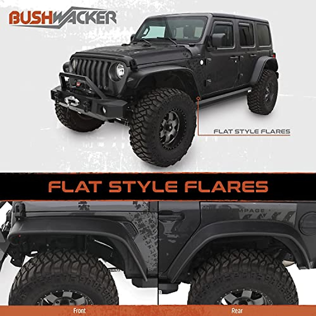 Bushwacker Jeep Flat Style Front & Rear Fender Flares | 4-Piece Set, Black, Textured Finish | 10918-07 | Fits 2007-2018 Jeep Wrangler JK Unlimited 4-Door