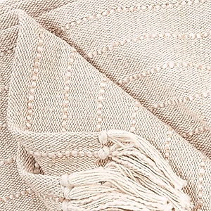 Nate Home by Nate Berkus Lightweight Textured Weave Cotton Throw Blanket | with Fringe Detail, Breathable, All-Season Decoration for Bedding from mDesign - 50" x 60", Natural (Tan)