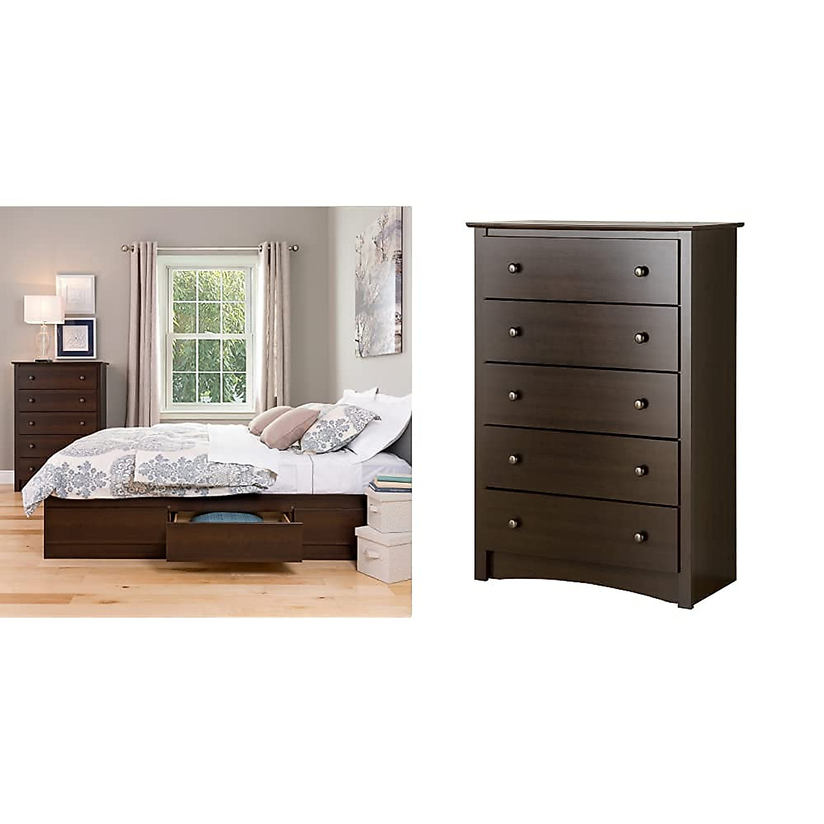 Prepac Full Mate's Platform Storage Bed with 6 Drawers, Espresso & Fremont 5 Drawer Chest, Espresso Brown