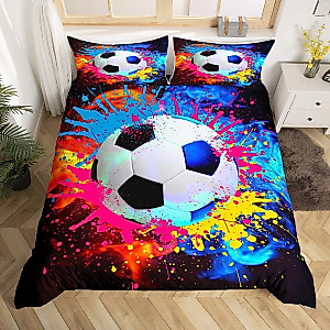 Feelyou Soccer Comforter Cover Graffti Fire Soccer Ball Game Bedding Set Football Duvet Cover for Kids Colorful Soccer Bedspread Cover Sports Gaming Room Decor Bedclothes Twin Size (No Comforter)