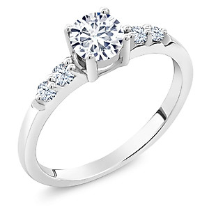 Gem Stone King 925 Sterling Silver White Moissanite and Created Sapphire Engagement Ring For Women (0.67 Cttw, Round 5MM, Available In Size 5,6,7,8,9)