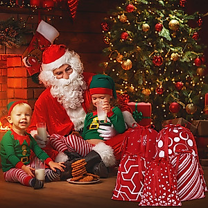 Aneco 5 Pieces Red and White Christmas Bags Xmas Cotton Fabric Drawstring Bags with 24 Pieces Kraft Paper Tags for Storing Christmas Gifts Parties, 5 Styles, 2 Sizes