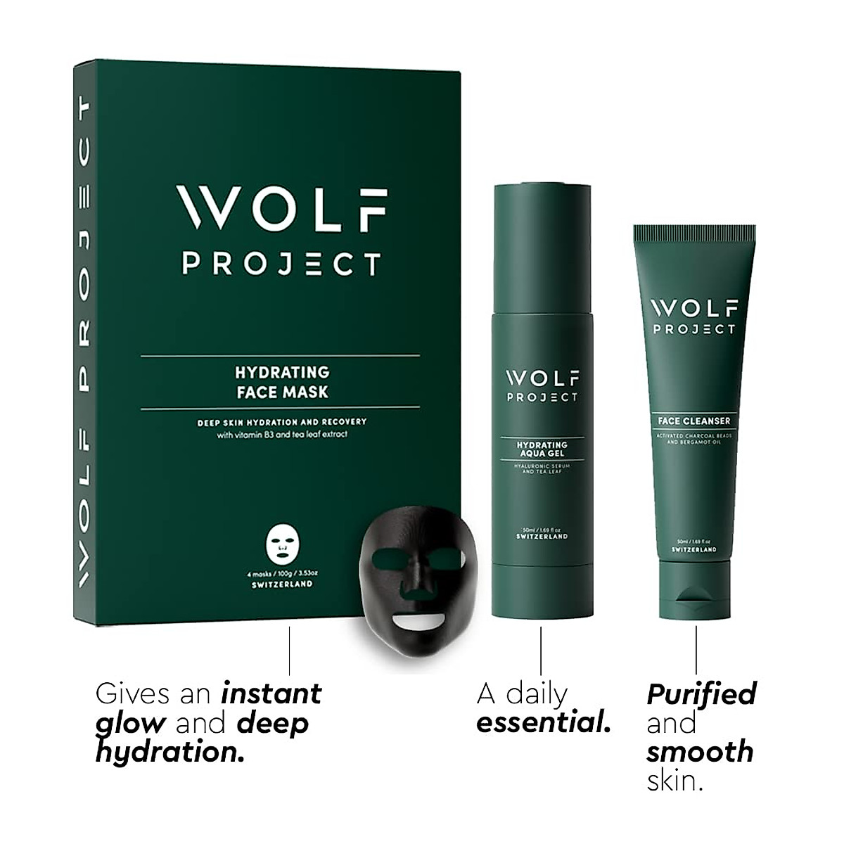 Wolf Project Men Skin Care Kit - Advanced Skin Care Set - Anti-Aging Face Moisturizer Gel Cream, Hydrating Charcoal Face Sheet Mask, Charcoal Face Cleanser - 3-Pack Mens Facial Care Kit