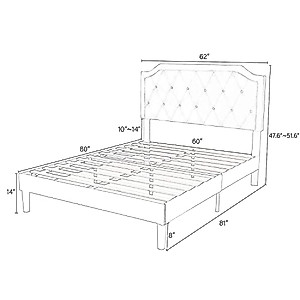 Einfach Queen Size Bed Frame, Upholstered Platform Bed with Strong Wood Slats Support, No Box Spring Needed, Easy Assembly, Dark Grey