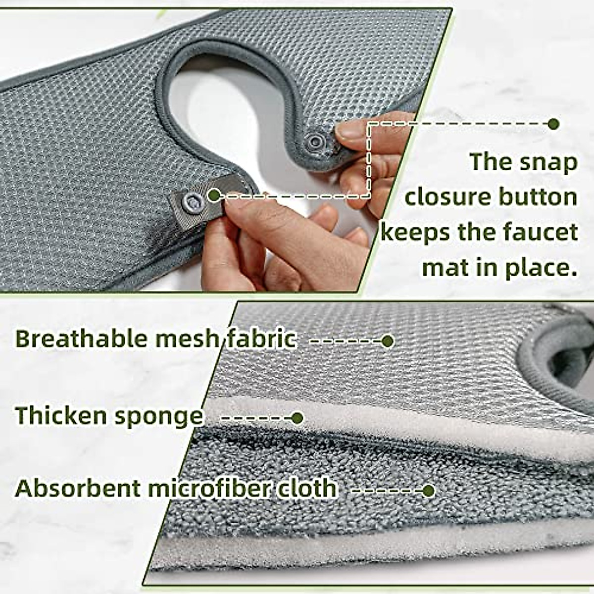 LOPNUR Faucet Mat for Kitchen Sink, 15”x 5” Kitchen Sink Splash Guard Behind Faucet, Sink Faucet Absorbing Mat for Kitchen & Bathroom, Washable Microfiber Faucet Splash Guard for Sink【Grey, 2 Pack】