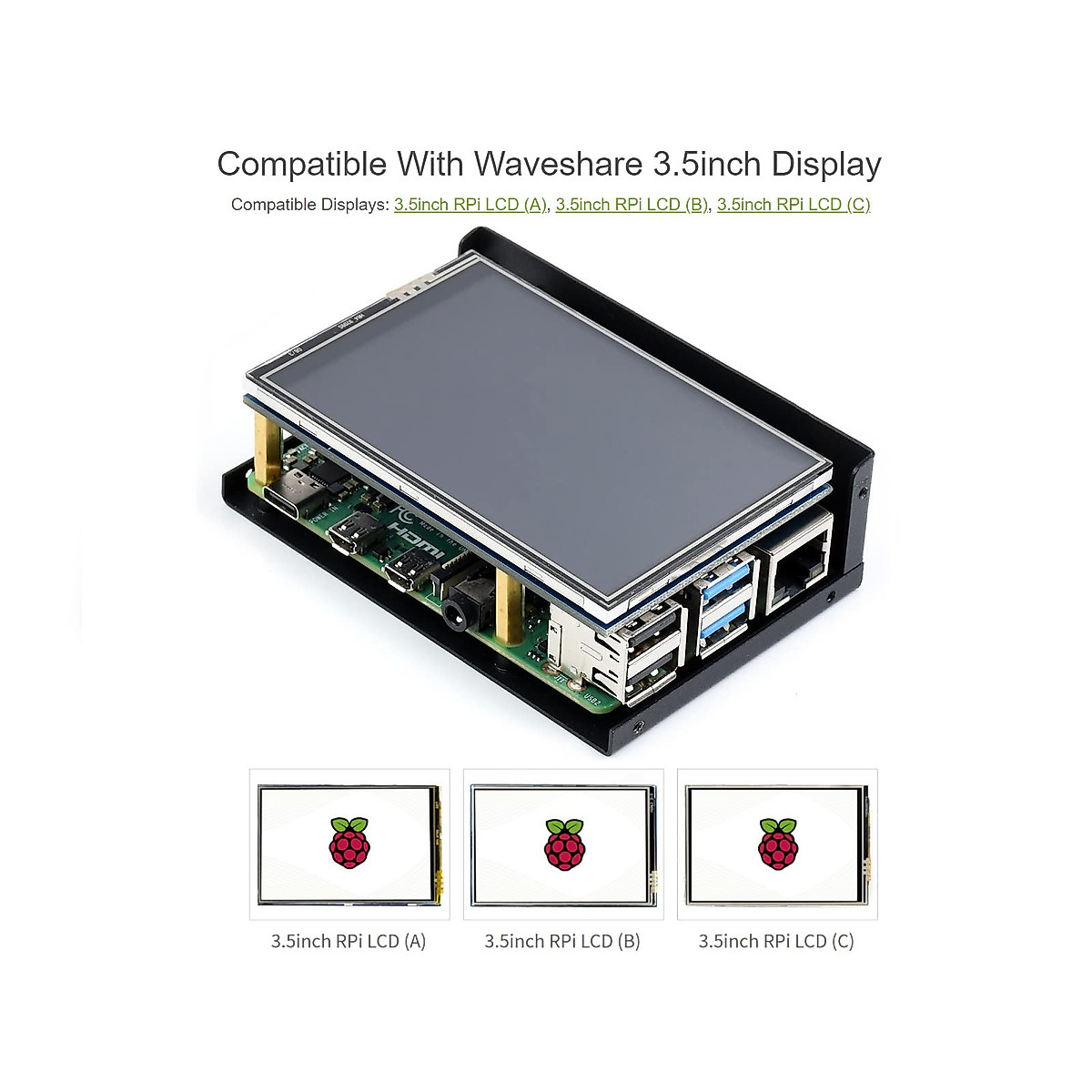 waveshare Aluminum Alloy Case with 3 PCS Heatsinks for Raspberry Pi 4, Metal Case Designed for Raspberry Pi 4B,Compatible 3.5inch RPI LCD (A)/(B)/©