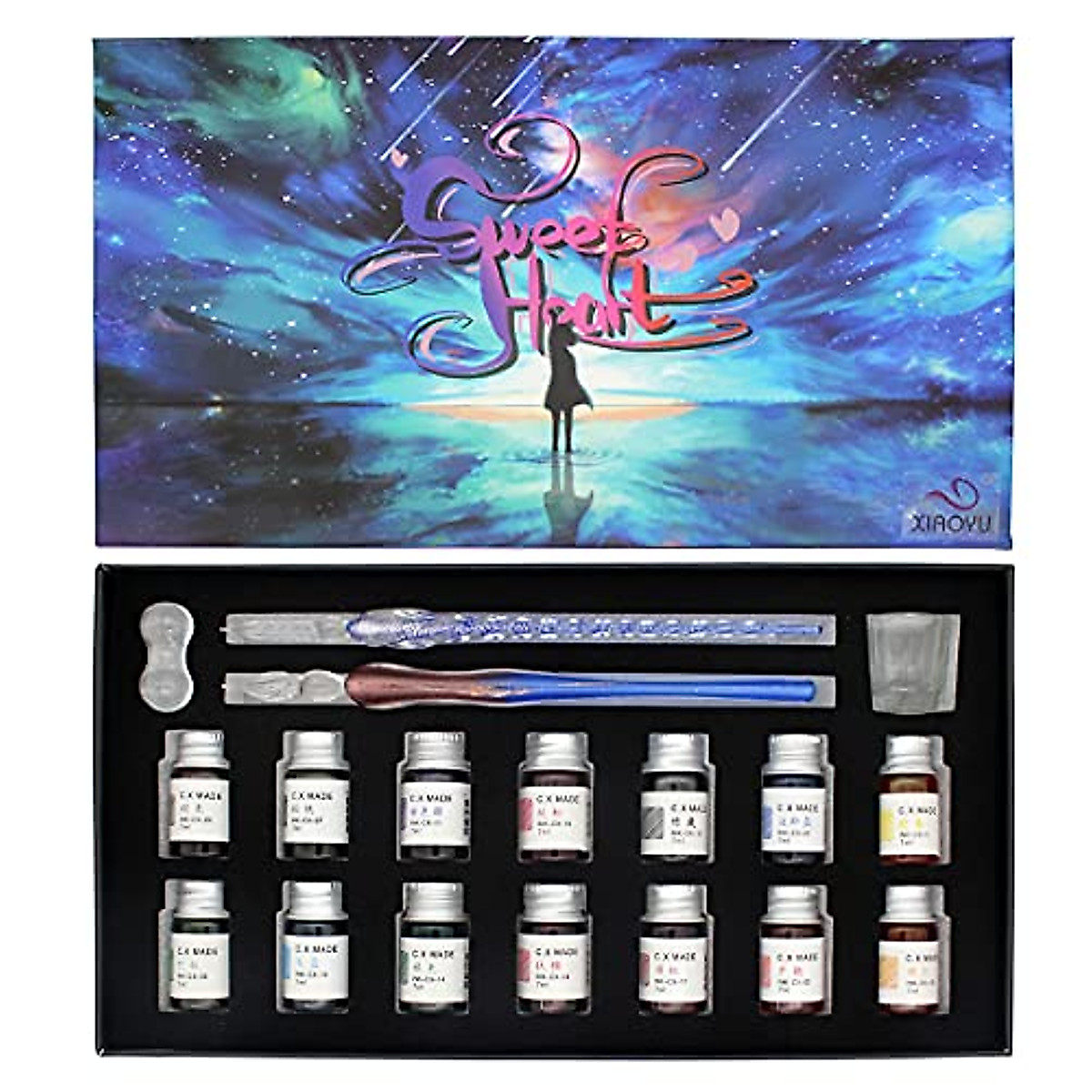 XIAOYU Glass Dip Pen Set, 18 Pieces Calligraphy Pens Set - 14 Color Inks, Pen Holder, Cleaning Cup, 2 Crystal Glass Pens for Art, Writing, Drawing, Signatures