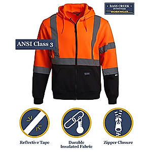 Bass Creek Outfitters Men's Fleece Zip Up Hoodie Sweatshirt - ANSI/ISEA Class 3 High Visibility Safety Workwear (M-2XL), Size X-Large, High Vis Orange