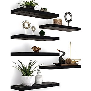 YYWUOJJ Wood Floating Shelves for Wall Decor, Rustic Wall Shelves for Bedroom Bathroom Kitchen Living Room, Set of 6 Black