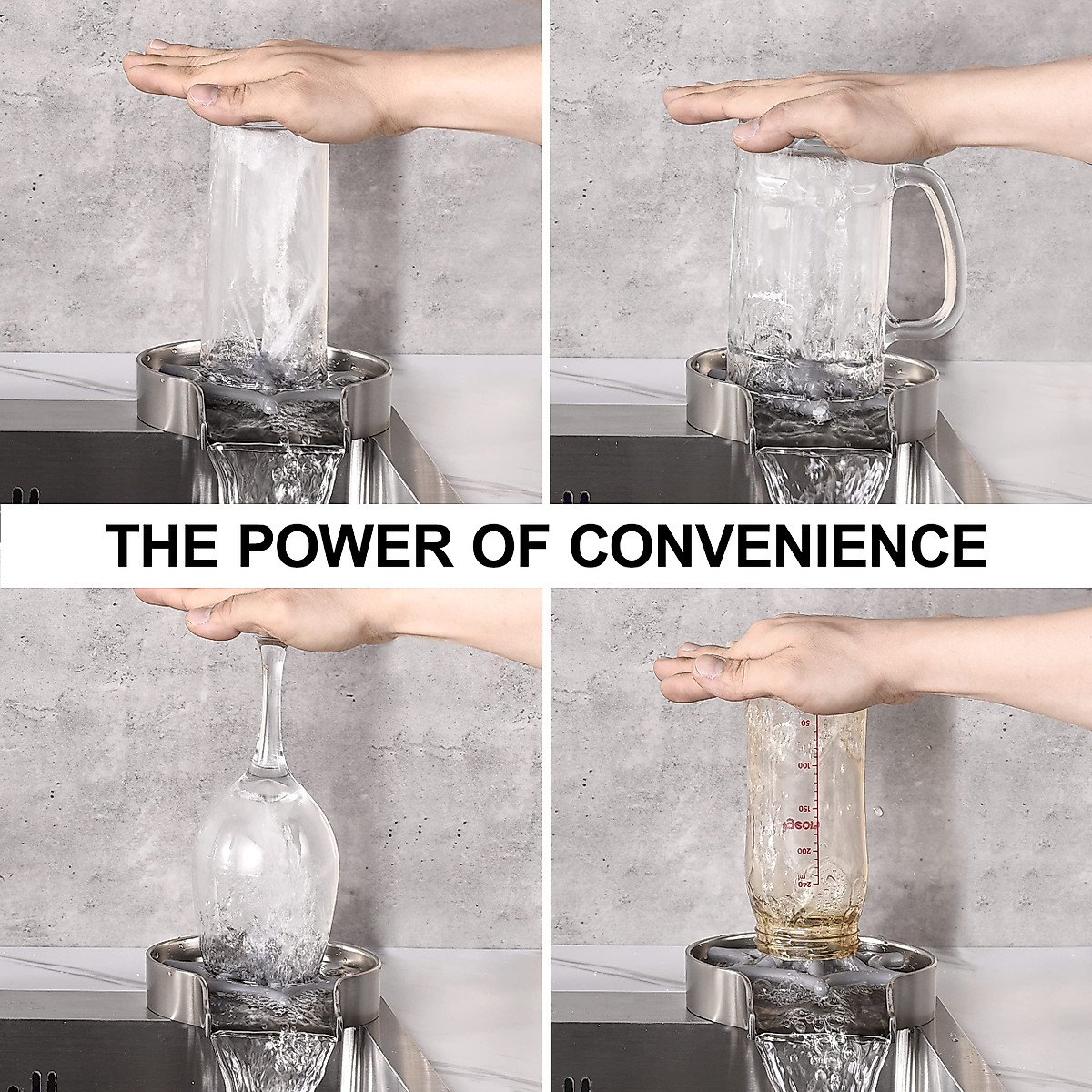 Metal Glass Rinser for Kitchen Sink - Cup Washer, Glass Washer for Sink, Glass Cup Cleaner Sink Attachment, Cup Rinser for Bar Sink, Brushed Nickel