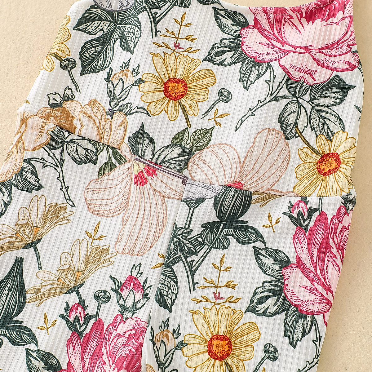 Emmababy Toddler Girl Bell Bottom Romper Baby Floral Suspender Pants Ribbed Jumpsuit Backless Flare Overalls Summer Playsuit(floral,12-18 Months)