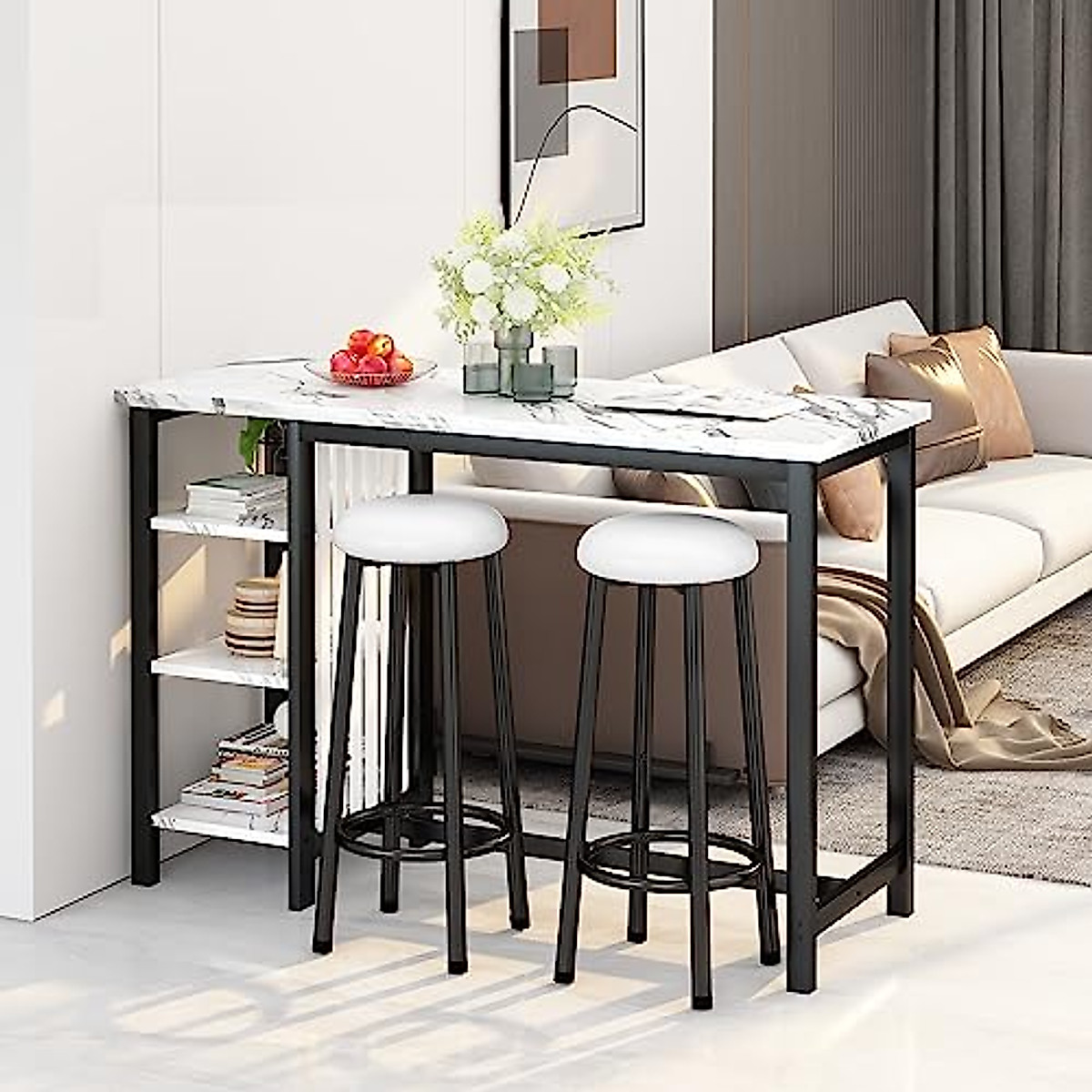 Lamerge Kitchen Counter Height Table and Stools Set for 2, 4-Tier Compact Dining Table, White Faux Marble Top and 2 PU Leather Upholstered Seats, Modern Dining Room Furniture for Home/Studio/Office