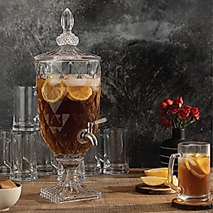 3.2 Quart Glass Iced Beverage Dispenser with Stainless Steel Spigot on Glass Pedestal, Decorative Mason Drink Dispenser For Parties, Sun Tea, Iced Tea, Water or Kombucha - 3 Liter