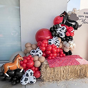 Western Cowboy Balloons Arch Garland Kit, 131PCS Red Black Gold Cow Print Balloons with 30 Inch Large Horse Foil Balloons for Horse Racing Kentucky Derby Day Birthday Party Decorations