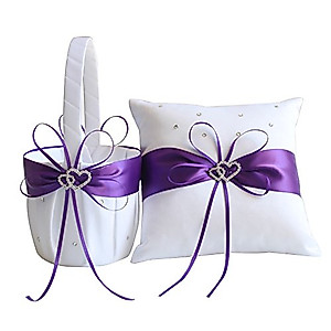 Awtlife 5pcs Sets Purple Wedding Flower Girl Basket Guest Book Pen with Ring Pillow and Garter
