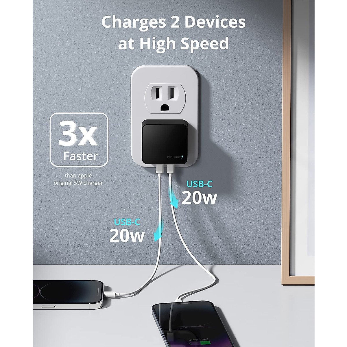 Nekmit Dual Port USB C Wall Charger, 40W PD Fast Charging USB C Wall Plug Adapter, Flat Thin Slim Charger Block for iPhone 14/14 Pro/14 Pro Max, Galaxy, MacBook Air, iPad, AirPods and More