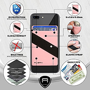 Alban Credit Card Holder Stick on Cell Phone Wallet RFID Blocking with Finger Strap 2 Pack (Pink)