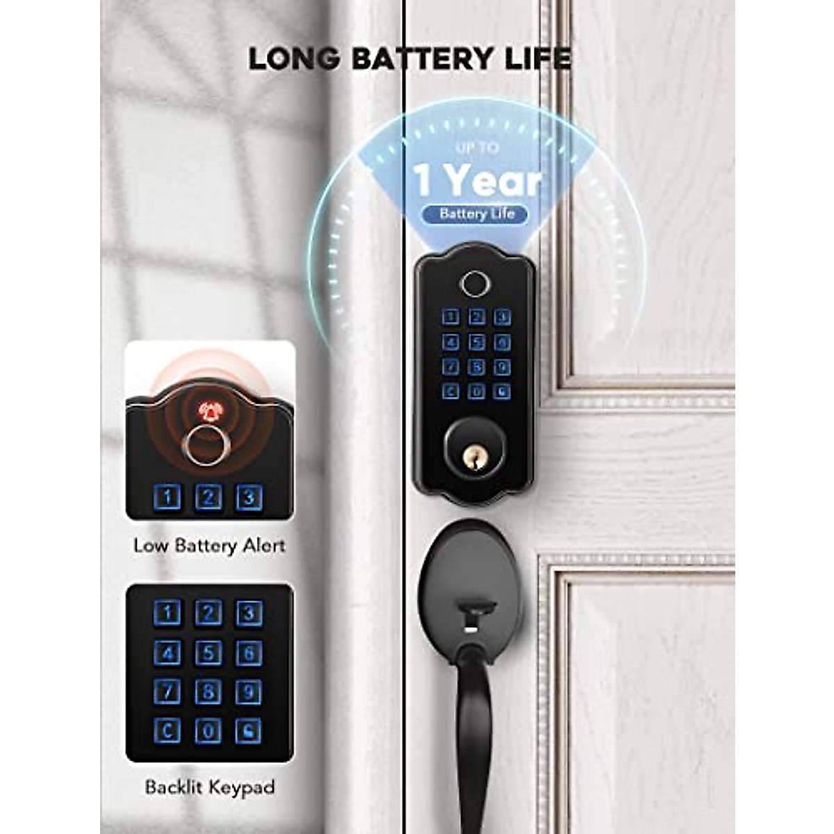 Front Door Lock Set, Keyless Entry Door Lock with Handle, APP Control Fingerprint Door Lock, 150 Codes Keyed Entry Smart Deadbolt, Auto Lock, Backlit