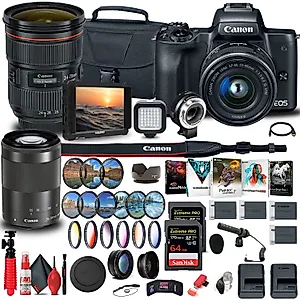 Canon EOS M50 Mirrorless Digital Camera with 15-45mm and 55-200mm Lenses (Black) (2680C021) + Canon EF-M Lens Adapter + 4K Monitor + Canon EF 24-70mm Lens + Pro Mic + 2 x 64GB Card + More (Renewed)