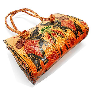 Twin Royal Elephants ethnic traditional 100% Genuine Pure Shantiniketan Leather Shoulder Bag Medium