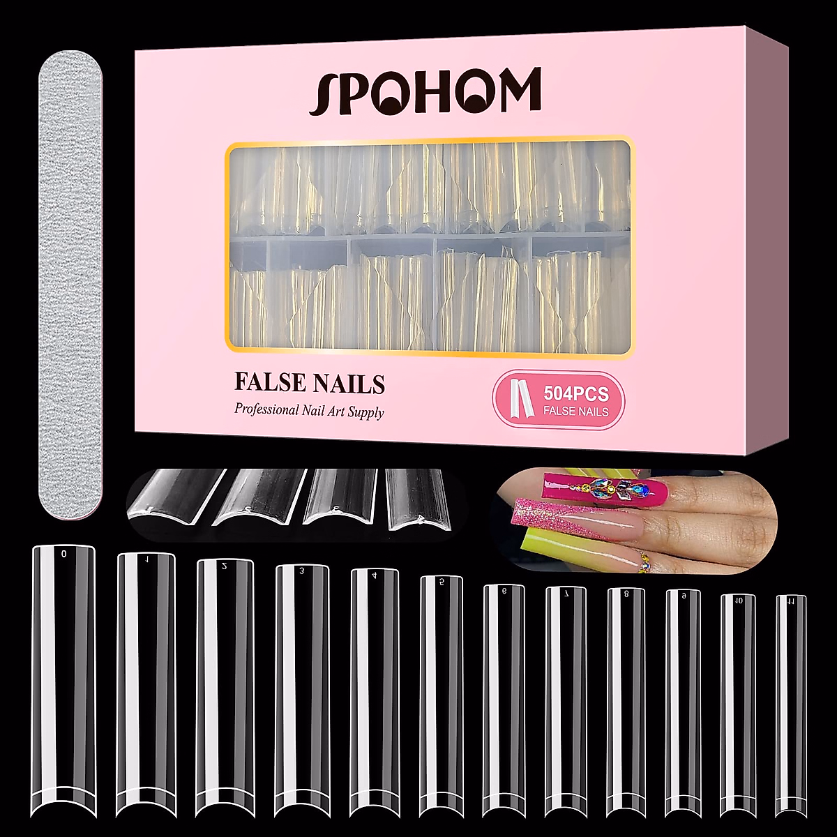 Spohom 504pcs No C Curve Nail Tips for Acrylic Nails Professional, 3XL Extra Long Clear Nail Tips Half Cover Square Shape, 12 Sizes Straight Tapered Square Fake Acrylic Nail Tips For Nail Extension Nail Art, Salon&Home DIY