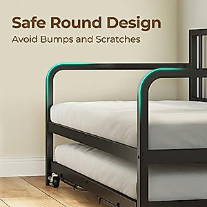 Rolanstar Daybed with Charging Station and LED Lights, Height Adjustable Twin Daybed with Trundle, Metal Sofa Bed Frame with Steel Slat Support for Living Room, Bedroom and Guest Room, Black