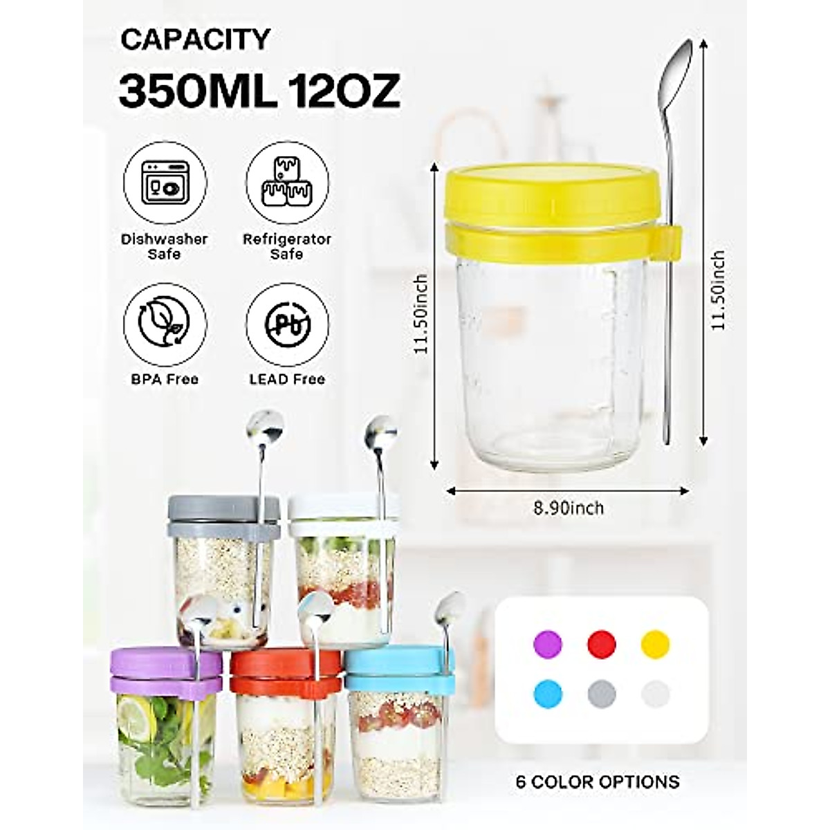 OVERTANG Overnight Oats Containers with Lids and Spoons, 6 Pack 12oz Mason Jars for Overnight Oats, Large Capacity Airtight Oatmeal Container with Measurement Marks Wide Mouth for Salad, Cereal