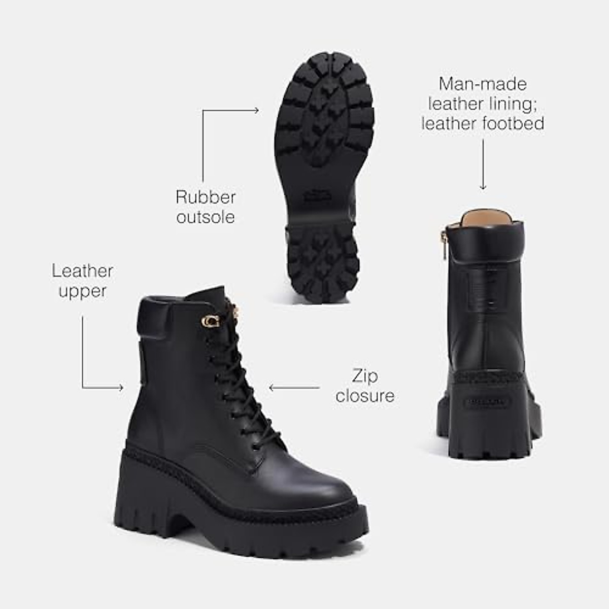 Coach Women's Ainsely Leather Bootie Combat Boot, Black, 7