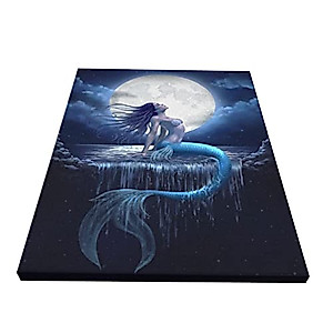 Mermaid Wall Art Moon Canvas Paintings with Framed Beach Picture Sea Artwork Prints Home Decor Hang for Bathroom Living Room Bedroom Kitchen 12x16 Inch