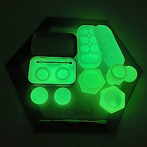vitakiwi Silicone Wax Container 5ml 26ml 15ml Skull 34ml Multi Compartment Containers + Large Hexagon Mat + Carving Tool + Tin Caryying Box, Glow In The Dark (Green)