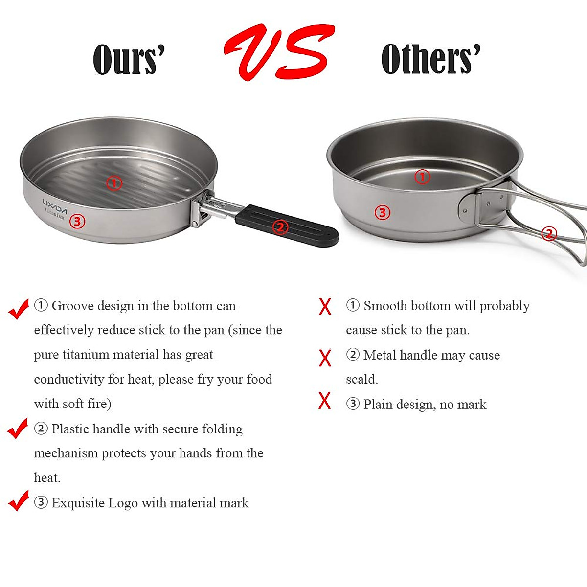 fangzi Frying pan, 1100ml Titanium Fry Pan Ultralight Grill Frying Pan with Folding Handle for Outdoor Cooking Camping Hiking Backpacking