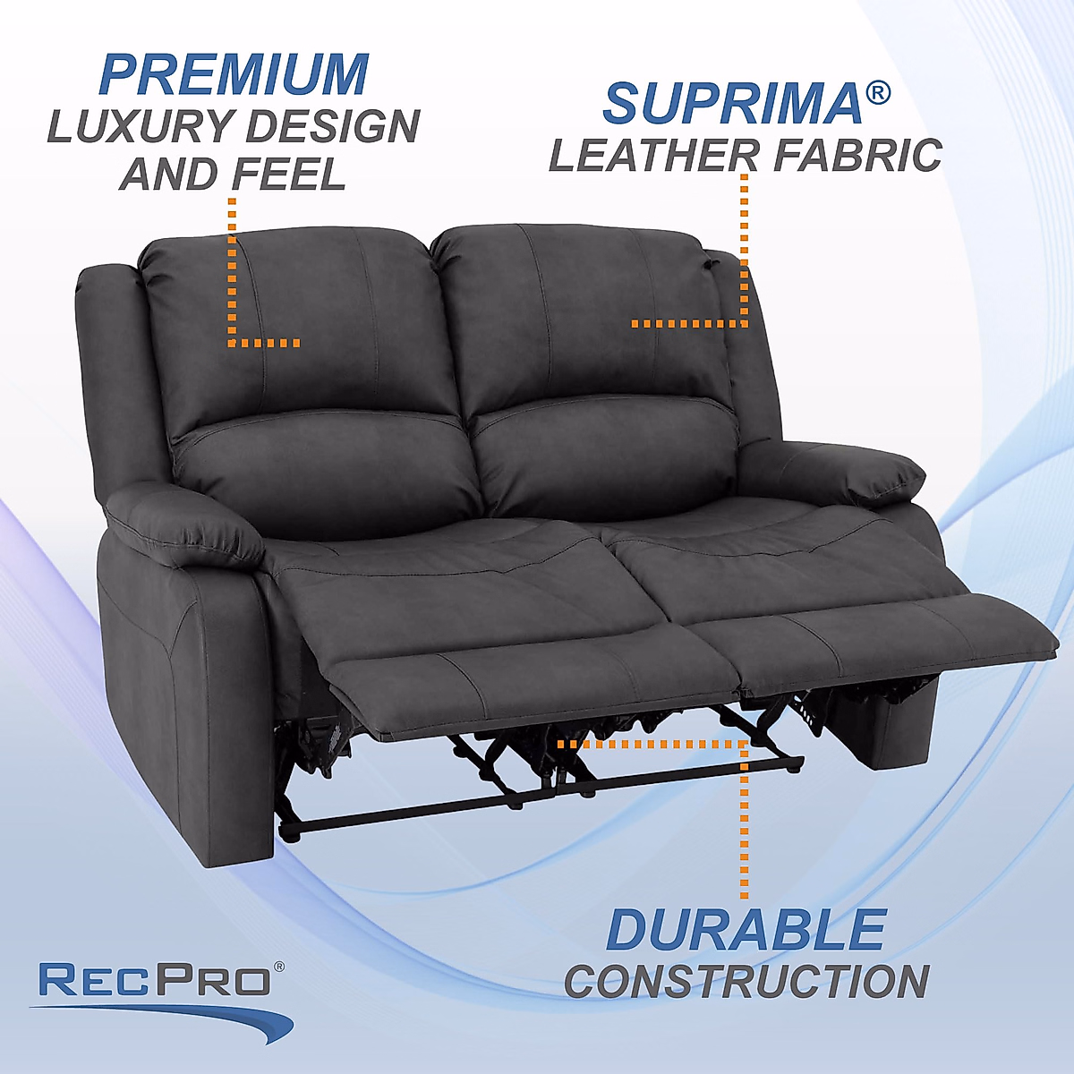 RecPro Charles 58" Double Recliner RV Sofa | Zero Wall Loveseat for Camper | Wall Hugger Couch | Fifth Wheel Theater Seating | Upgraded 2023 Fabric (Gunmetal)