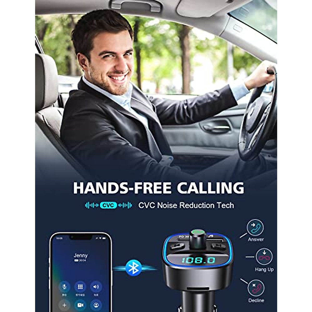 RIWUSI Bluetooth FM Transmitter for Car, [Upgraded Type-C] PD 30W Quick Charging Bluetooth Car Adapter with Hands-Free Calling, Wireless FM Radio Receiver Music Player/Car Kit Support SD Card & USB