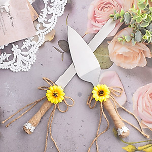 ATAILOVE Rustic Style Cake Cutting Set for Wedding, Burlap Sunflower Stainless Steel Wedding Cake Knife and Serving Set for Wedding, Birthdays, Babay Shower, Parties