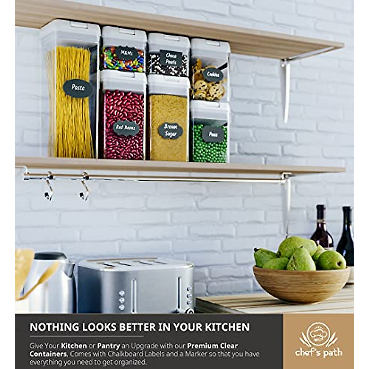 Chef's Path Airtight Food Containers with Easy Lock Lids - 7 PC BPA Free Plastic Containers for Kitchen Pantry Organization and Storage, Ideal for Cereal, Sugar & Dry Food - Accessories Included