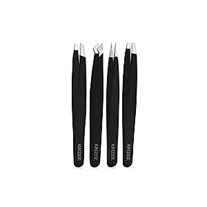 Professional Stainless Steel Tweezer Set for Eyebrows - Precision Tweezers for Ingrown Hair, Blackhead & Splinter | 4 Pcs, Black, 3.5 x 4.5 x 0.50 (KZR-01)
