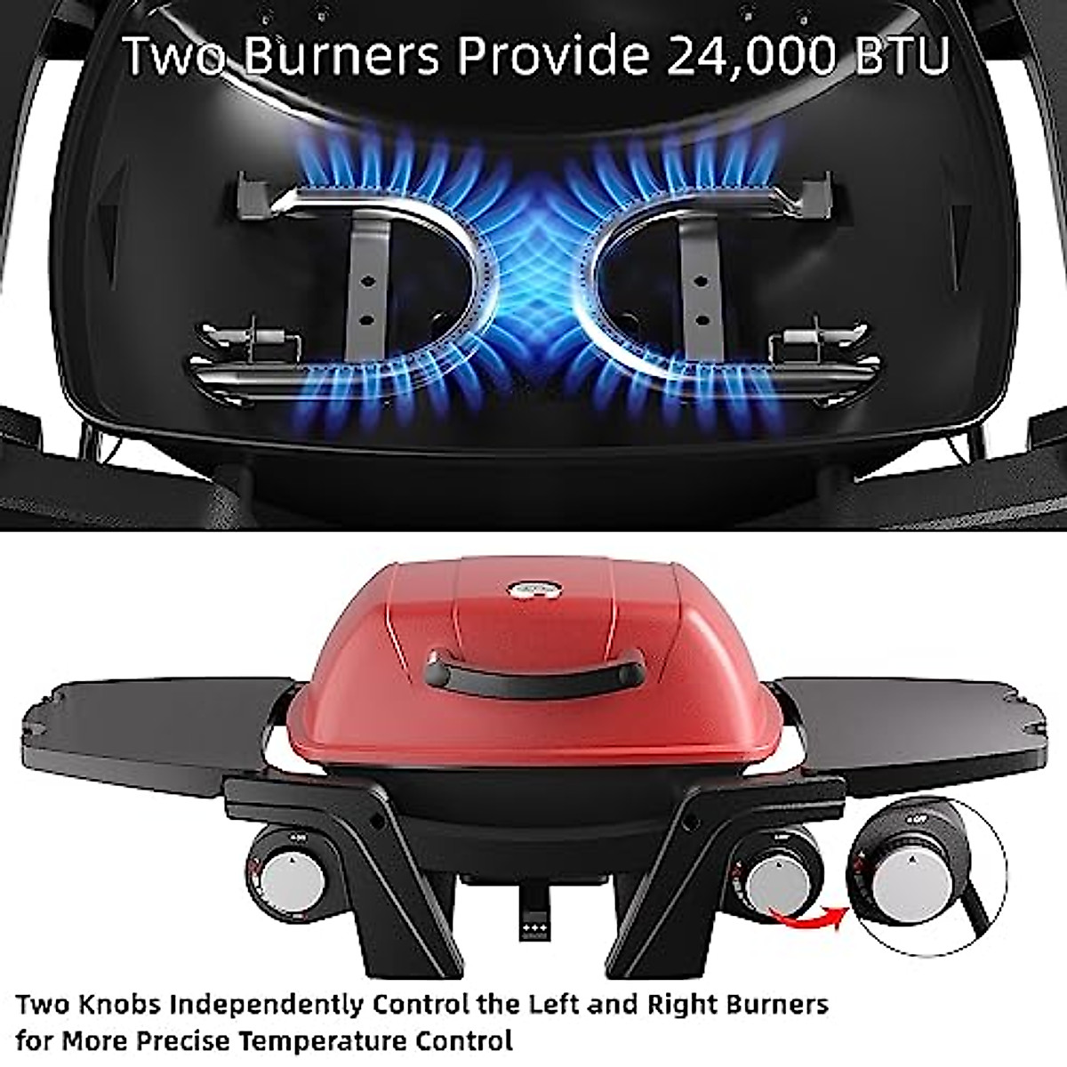 Portable Gas Grill, Portable Propane Grill, Propane Gas Grill, 24,000 BTU Outdoor Tabletop Small BBQ Grill with Two Burners, Removable Side Tables, Gas Hose and Regulator, Built in Thermometer, Red