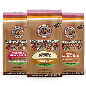 Crazy Cups Decaf Flavored Ground Coffee Variety Pack, Includes Cinnamon French Toast, Caramel Vanilla, Pumpkin Caramel Spice, in 10 oz Bags, For Brewing Flavored Hot or Iced Decaf Coffee, Variety 3 Pack