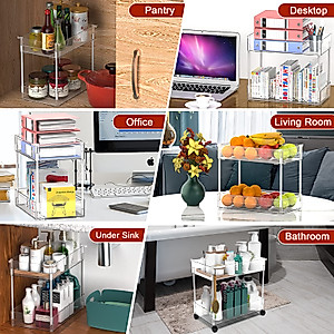 Under Sink Organizer, 2 Tier Thicken Bathroom Under Sink Organizers and Storage with Wheel Hook, Strong Bath Kitchen Home Countertop Cabinet Standing Rack, Narrow Space Collection Basket, Clear Shelf