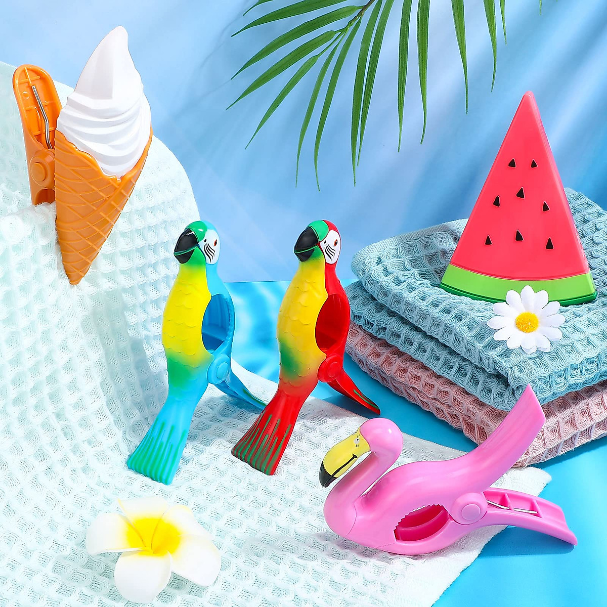CHENGU 10 Pcs Beach Towel Clips Towel Clips Chair Holders for Beach Chairs Jumbo Size Plastic Clothes Pins Flamingo Parrot Pineapple Watermelon Seashell Ice Cream Beer Mug(Novelty Style)
