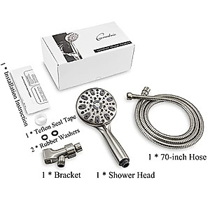 Couradric Handheld Shower Head, 6 Spray Setting High Pressure Shower Head with Brass Swivel Ball Bracket and Extra Long Stainless Steel Hose, Brushed Nickel, 5"
