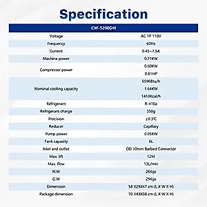 Cloudray Industrial Water Chiller CW-5200DH 6L 0.81HP 3.43gpm Water Cooling System for 60W 70W 80W 90W 100W 120W 130W 150W,CO2 Laser Engraving & Cutting Machines,Cools 5596 Btu/h(Upgraded 5200DG )